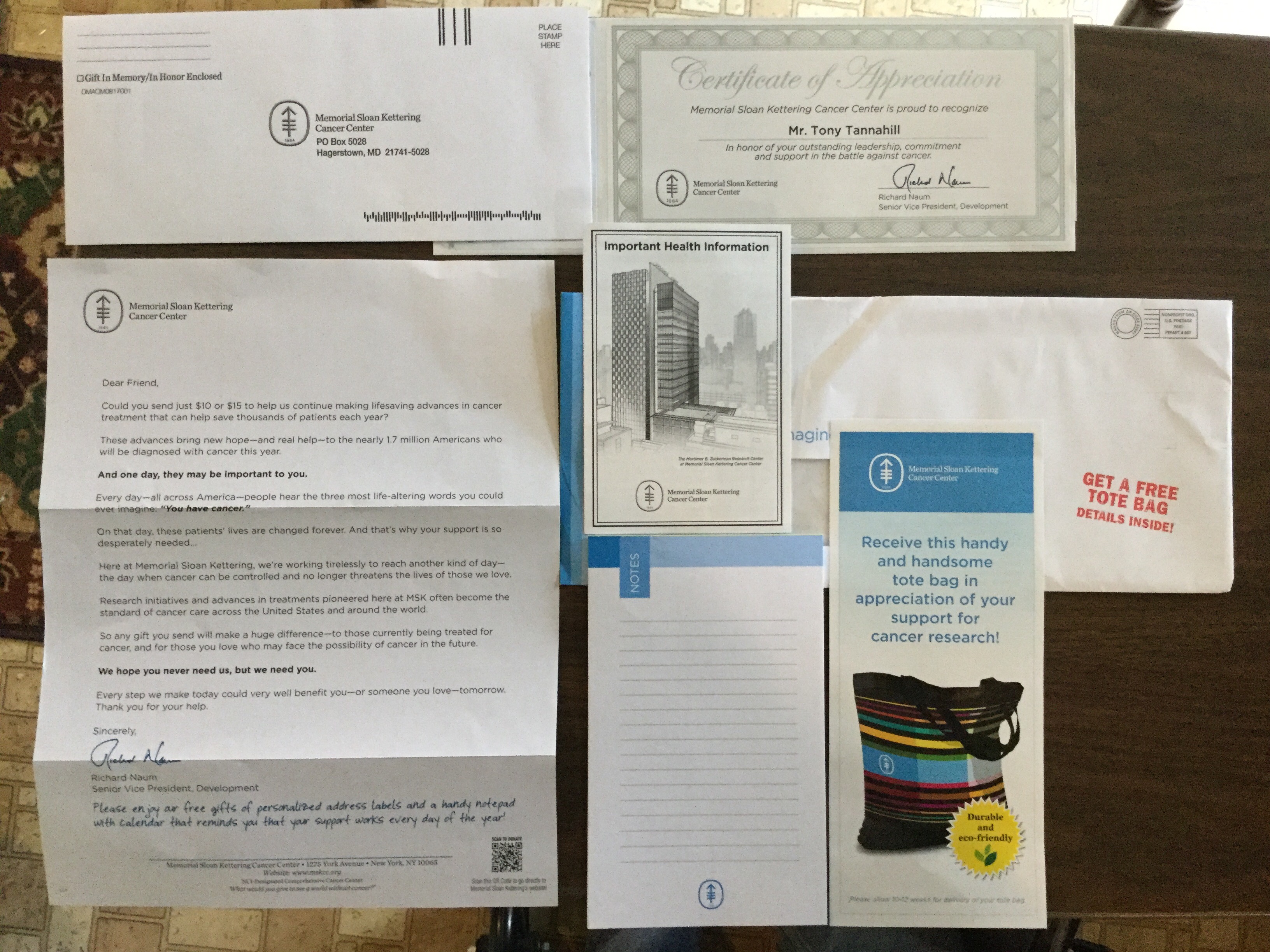 Free Memorial Sloan Kettering Cancer Center address labels and note pad